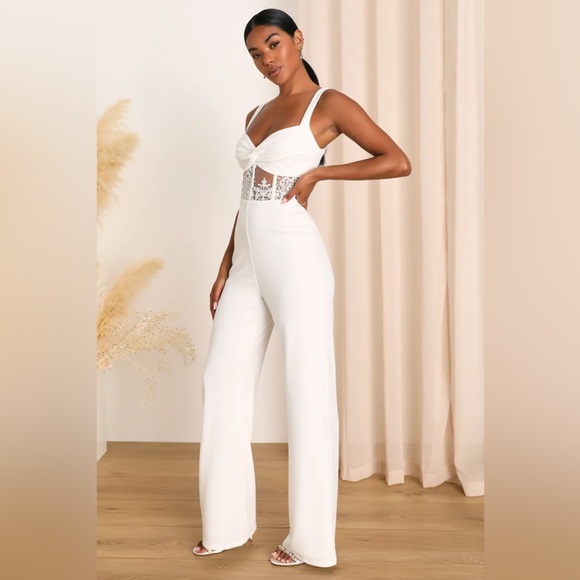 Lulus | Pants & Jumpsuits | Adore The Feeling White Sheer Lace Bustier Twistfront Jumpsuit ...